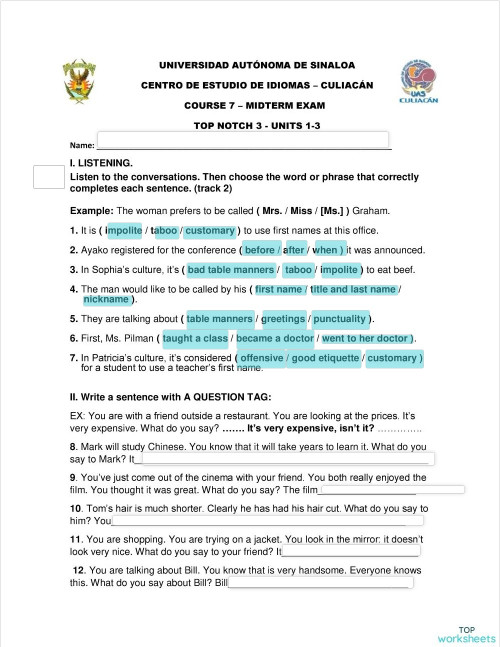Course 7-Midterm exam Top notch 3- Units 1-3 (Copied). Interactive ...