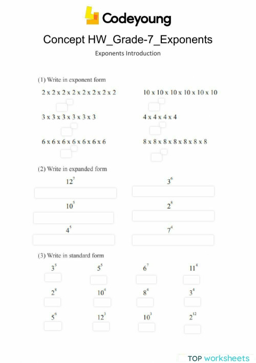 Exponents Introduction Concept HW. Interactive worksheet | TopWorksheets