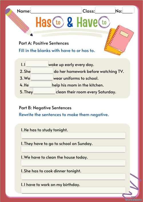 ใบงานเรื่อง Has to & Have to ใบงานเชิงโต้ตอบ | TopWorksheets
