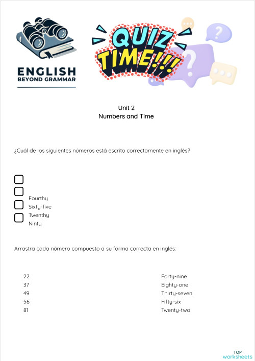 Quiz Unit 2: Numbers and Time. Ficha interactiva | TopWorksheets