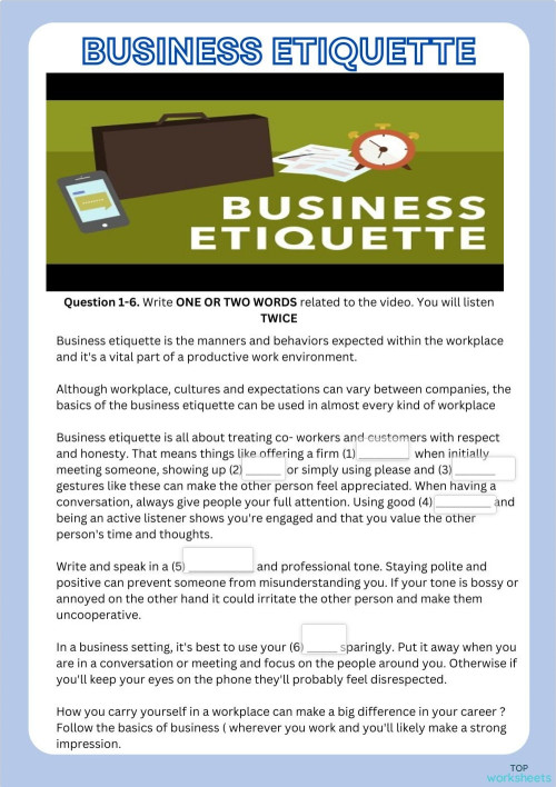 Business Etiquette. Interactive worksheet | TopWorksheets