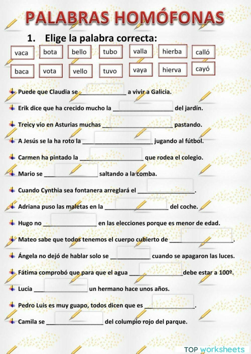 Homófonas. Ficha interactiva | TopWorksheets