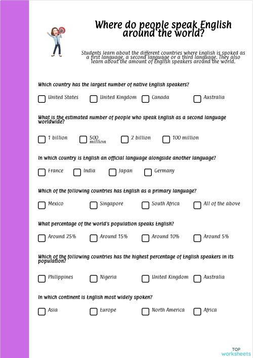 Where do people speak English around the world?. Interactive worksheet ...