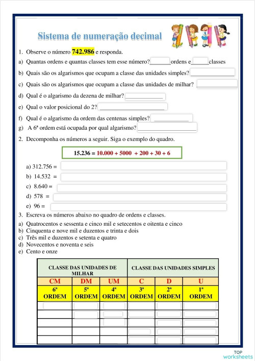 Sistema de número decimal 5º ano. Ficha interativa | TopWorksheets