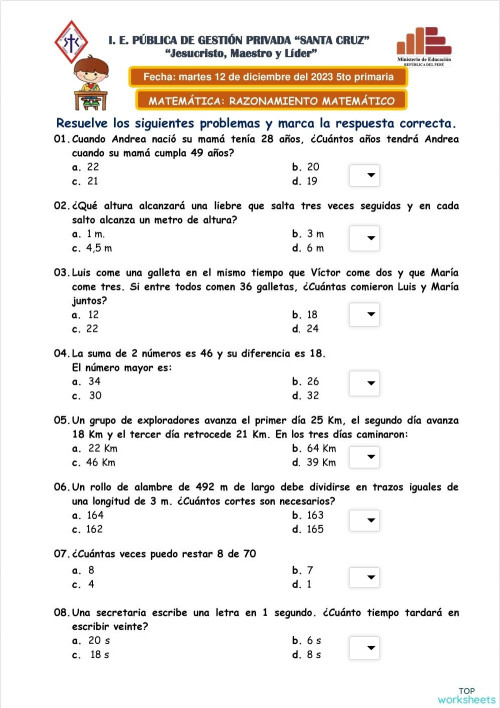 RAZONAMIENTO MATEMATICO 5TO PRIM. Ficha interactiva | TopWorksheets