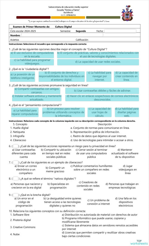 EXAMEN MOM1 CULTURA DIGITAL. Ficha interactiva | TopWorksheets