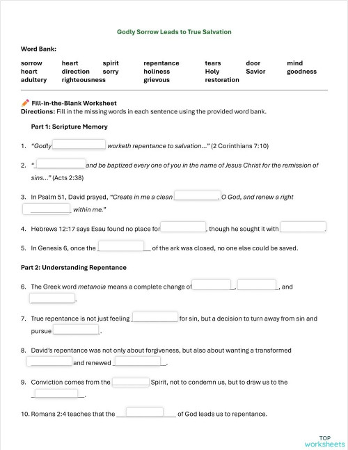 Godly Sorrow Leads to True Salvation. Interactive worksheet | TopWorksheets