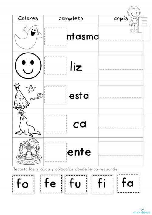 COMPLETA LAS SILABAS Y ESCRIBE. F.. Ficha interactiva | TopWorksheets