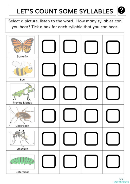 03 Counting Syllables - Insects. Interactive worksheet | TopWorksheets