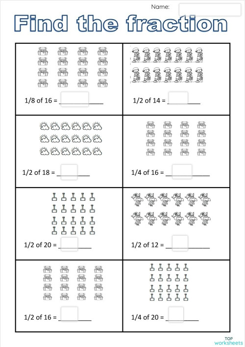 Find the fraction: Halves, quarters and eighths. Interactive worksheet ...