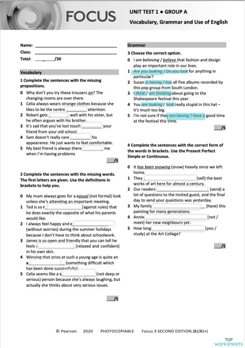 Focus 3 unit 1 test (30). Interactive worksheet | TopWorksheets