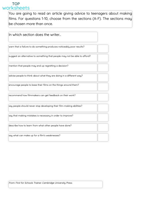 FCE Reading (Tips for young filmmakers). Interactive worksheet ...