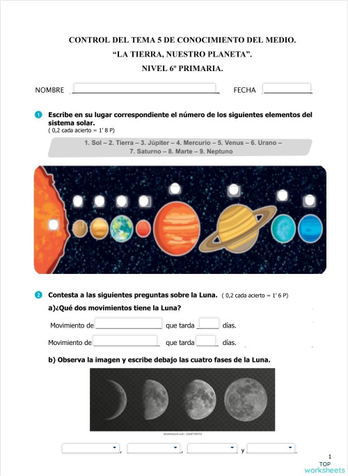 CONTROL TEMA 5 CONO: LA TIERRA, NUESTRO PLANETA. Ficha interactiva ...