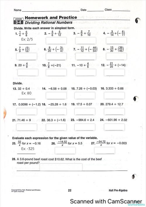 3.4 Dividing Rational Numbers (8th). Interactive worksheet | TopWorksheets
