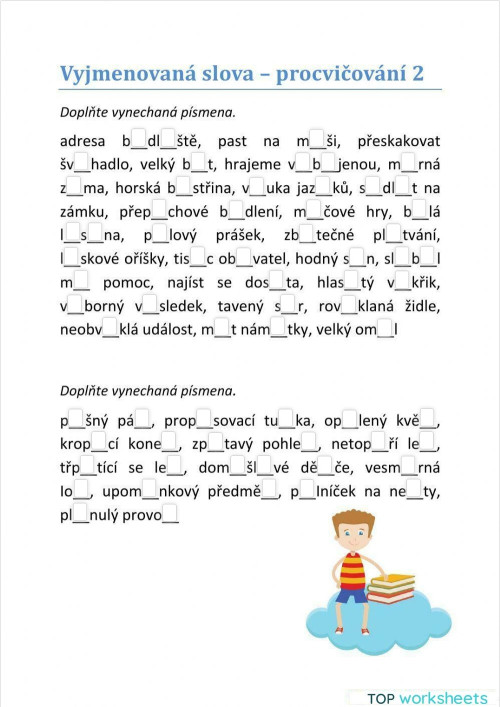 Vyjmenovaná slova - souhrnné procvičování 2. Interaktivní pracovní list | TopWorksheets