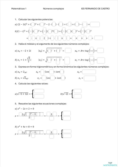 Hoja De Trabajo De Números Complejos