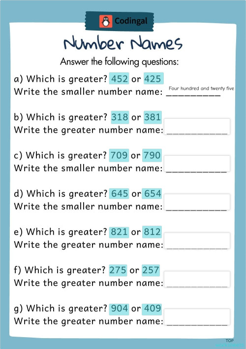 M_G02M03L14_WA03_Number Names upto 999. Interactive worksheet | TopWorksheets