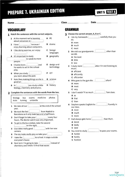 Prepare 7 Unit 5. Interactive worksheet | TopWorksheets