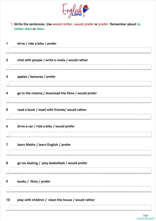 WOULD RATHER, WOULD PREFER, PREFER. Interactive worksheet | TopWorksheets