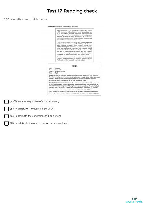 Test 17 Reading check. Interactive worksheet | TopWorksheets