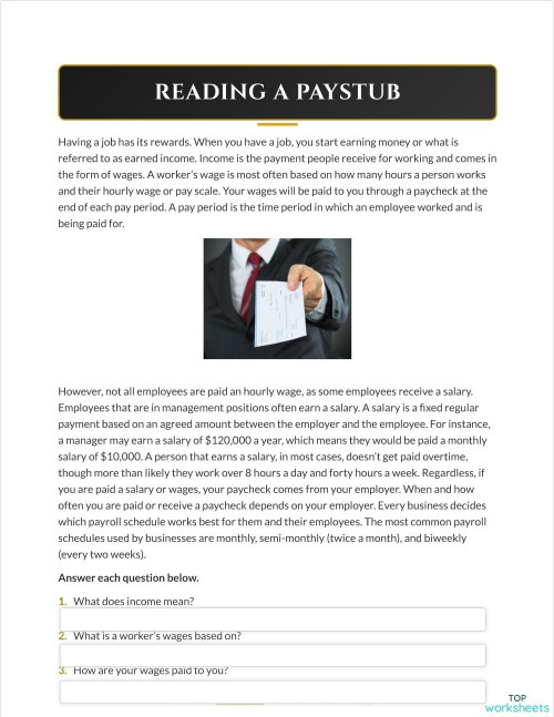 Reading a Paystub. Interactive worksheet | TopWorksheets