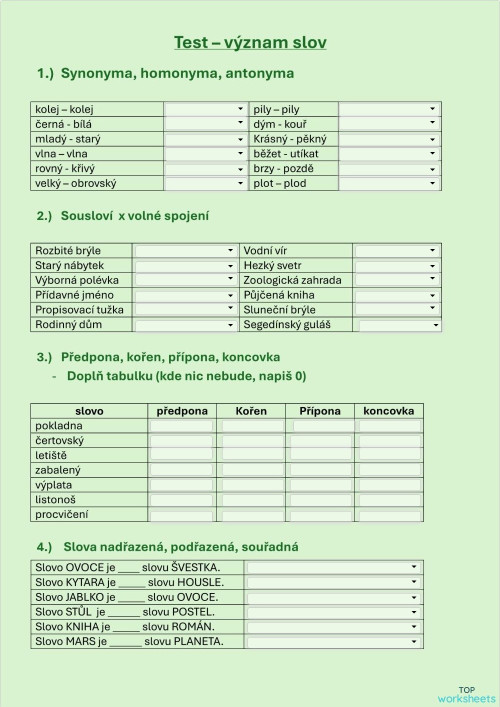 Čeština: interaktivní pracovní listy a online cvičení | TopWorksheets