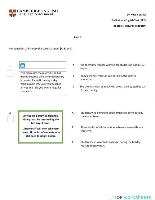 2nd PET Reading Mock. Interactive worksheet | TopWorksheets