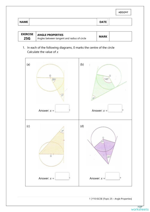 Angles between tangent and radius of circle. Interactive worksheet ...