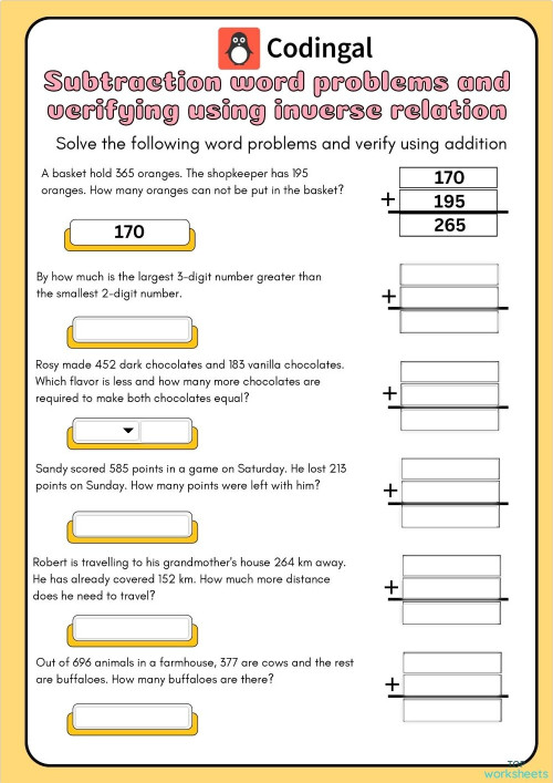 M_G02M07L35_WE01_Subtraction Word Problems with Inverse. Interactive worksheet | TopWorksheets