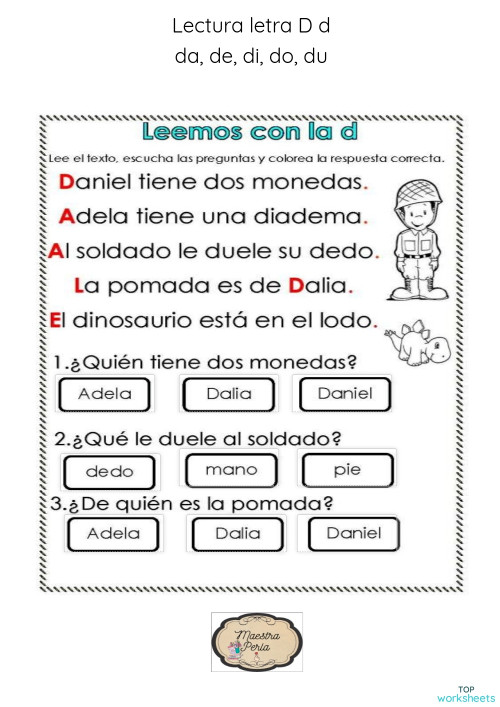 Lectura con letra D/ Colegio petit. Ficha interactiva | TopWorksheets