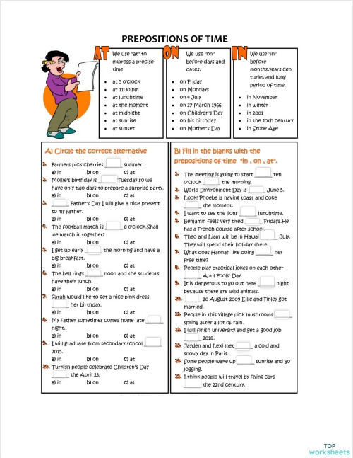 Time preposition (Basic). Interactive worksheet | TopWorksheets