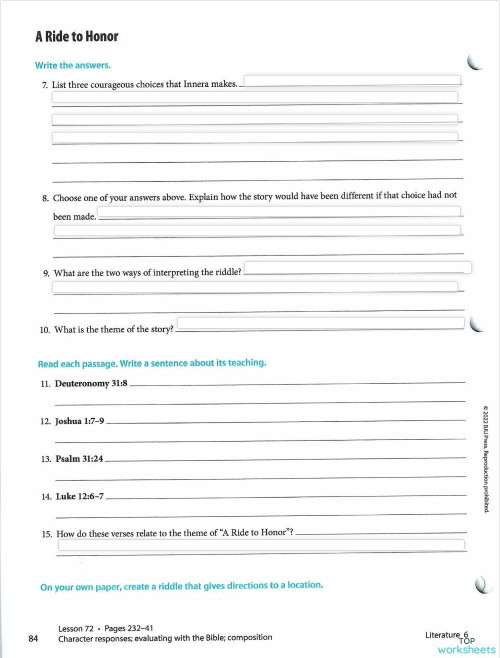 Lesson 72: A Ride to Honor Pg 84. Interactive worksheet | TopWorksheets