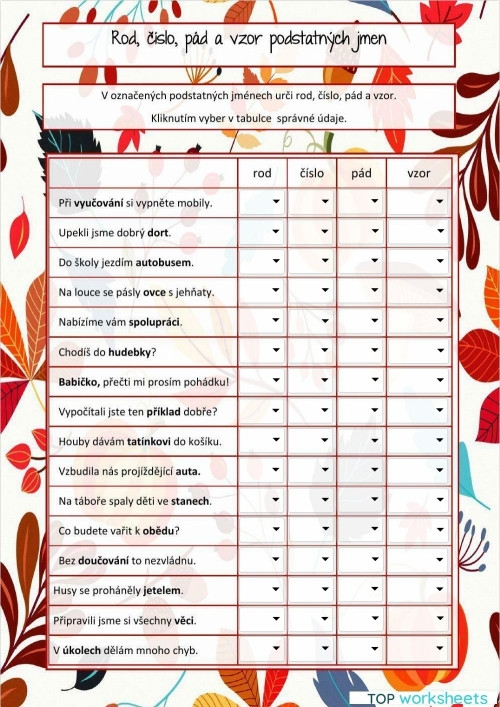 Čeština: interaktivní pracovní listy a online cvičení | TopWorksheets