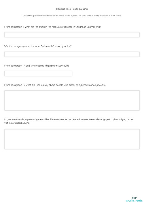 Reading Task - Cyberbullying. Interactive worksheet | TopWorksheets