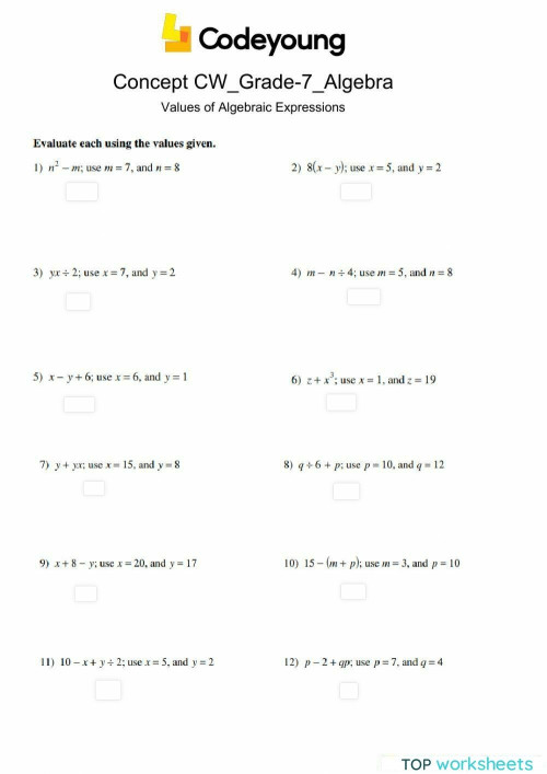 Values of Algebraic Expressions Concept CW. Interactive worksheet ...