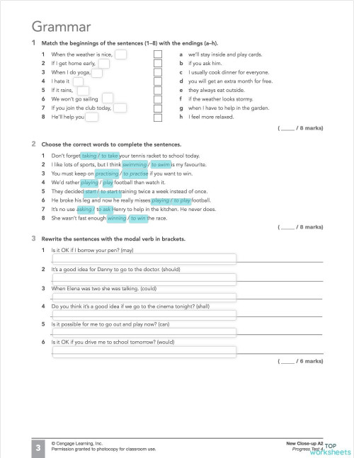 Close-up A2 Progress Test 4 Grammar. Interactive worksheet | TopWorksheets