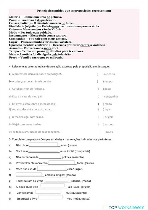 As preposições e suas relações. Ficha interativa | TopWorksheets