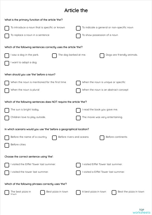 Article the. Interactive worksheet | TopWorksheets