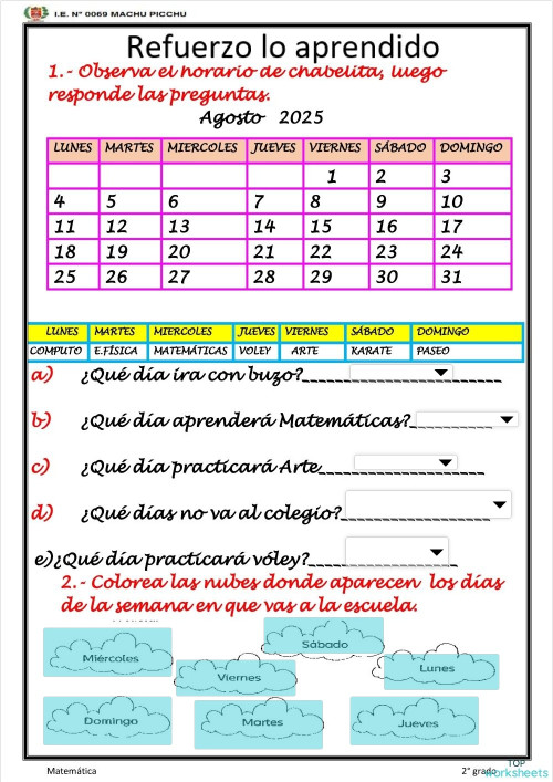 Calendario: fichas interactivas y ejercicios online | TopWorksheets