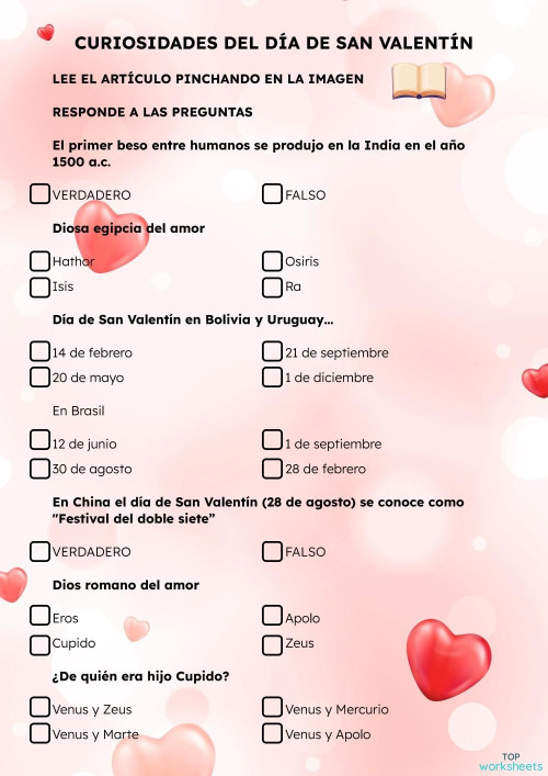 curiosidades día de san valentín. Ficha interactiva | TopWorksheets