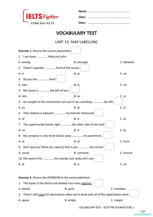 PREF_VOCAB TEST 13. Interactive worksheet | TopWorksheets