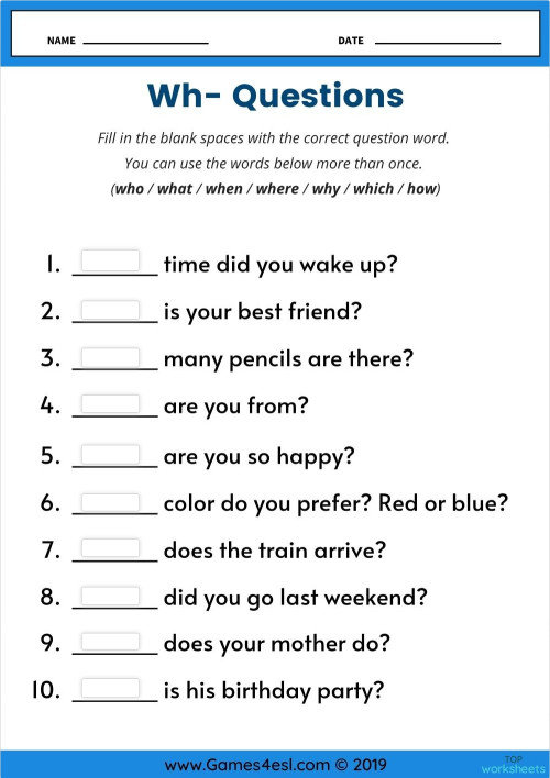 Wh-Questions-Worksheet-Fill-in-the-Blank. Interactive worksheet ...