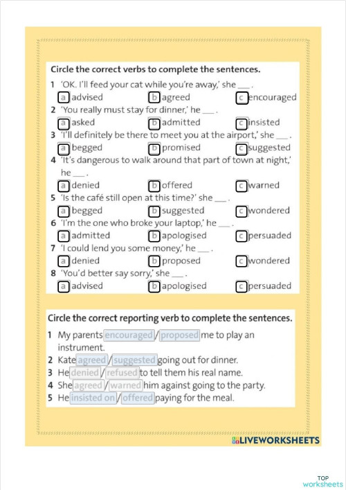 Reported verbs / Reported structures. Interactive worksheet | TopWorksheets