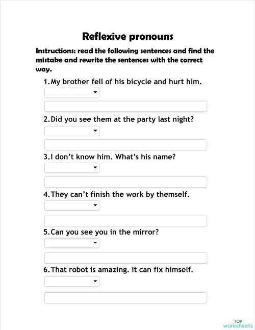 Reflexive pronouns correct sentences. Interactive worksheet | TopWorksheets