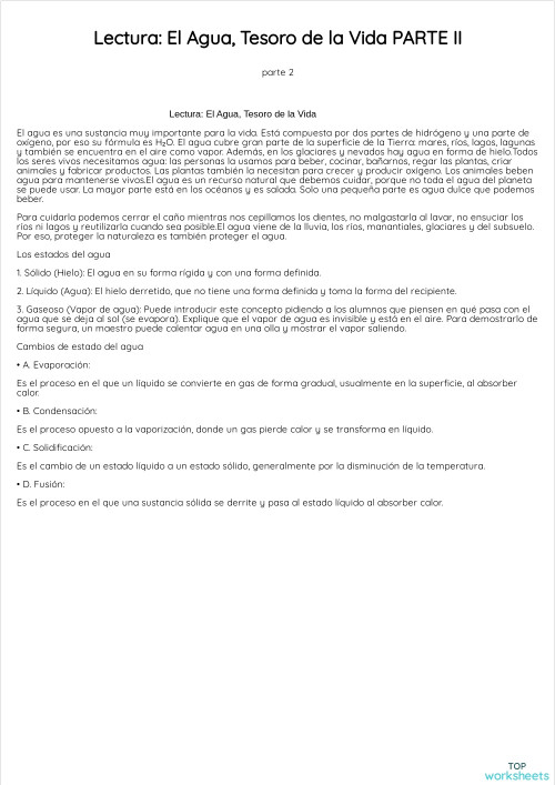 Lectura: El Agua, Tesoro de la Vida PARTE II. Ficha interactiva ...