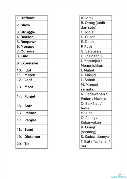Vocabulary Match 1 (Darwish). Interactive worksheet | TopWorksheets