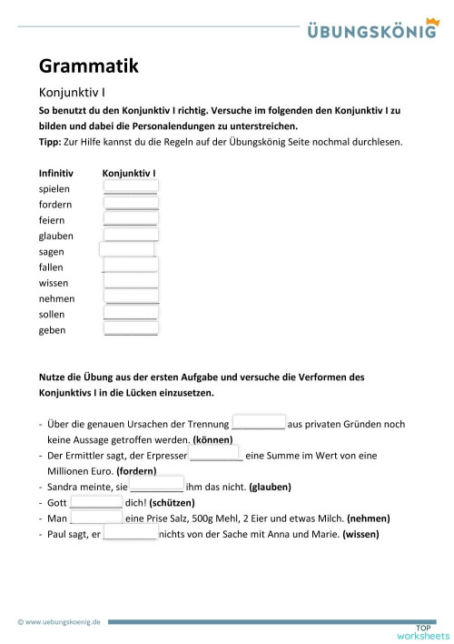 Konjunktiv I. Interaktives Arbeitsblatt | TopWorksheets