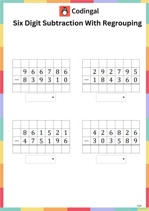 M_G04M04L08_WA01_Six digit subtraction with regrouping. Interactive worksheet | TopWorksheets