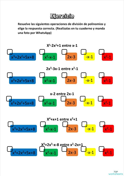Division de Polinomios. Ficha interactiva | TopWorksheets