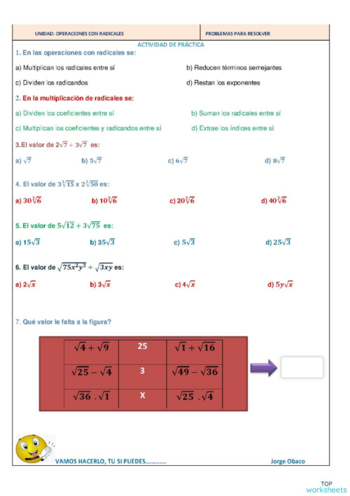 OPERACIONES CON RADICALES. Ficha interactiva | TopWorksheets